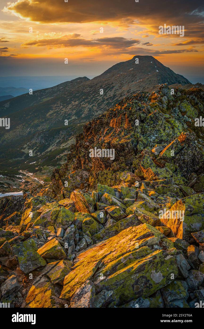 Spring sunset landscape in Retezat Mountains, Romania, Europe Stock ...