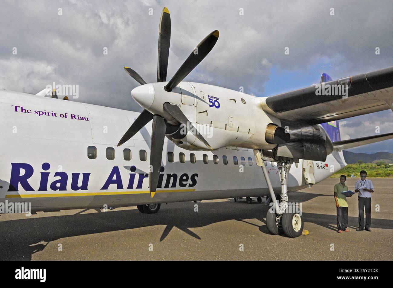Fokker 50 turboprop, prop jet of the former Riau Airlines, arriving in ...