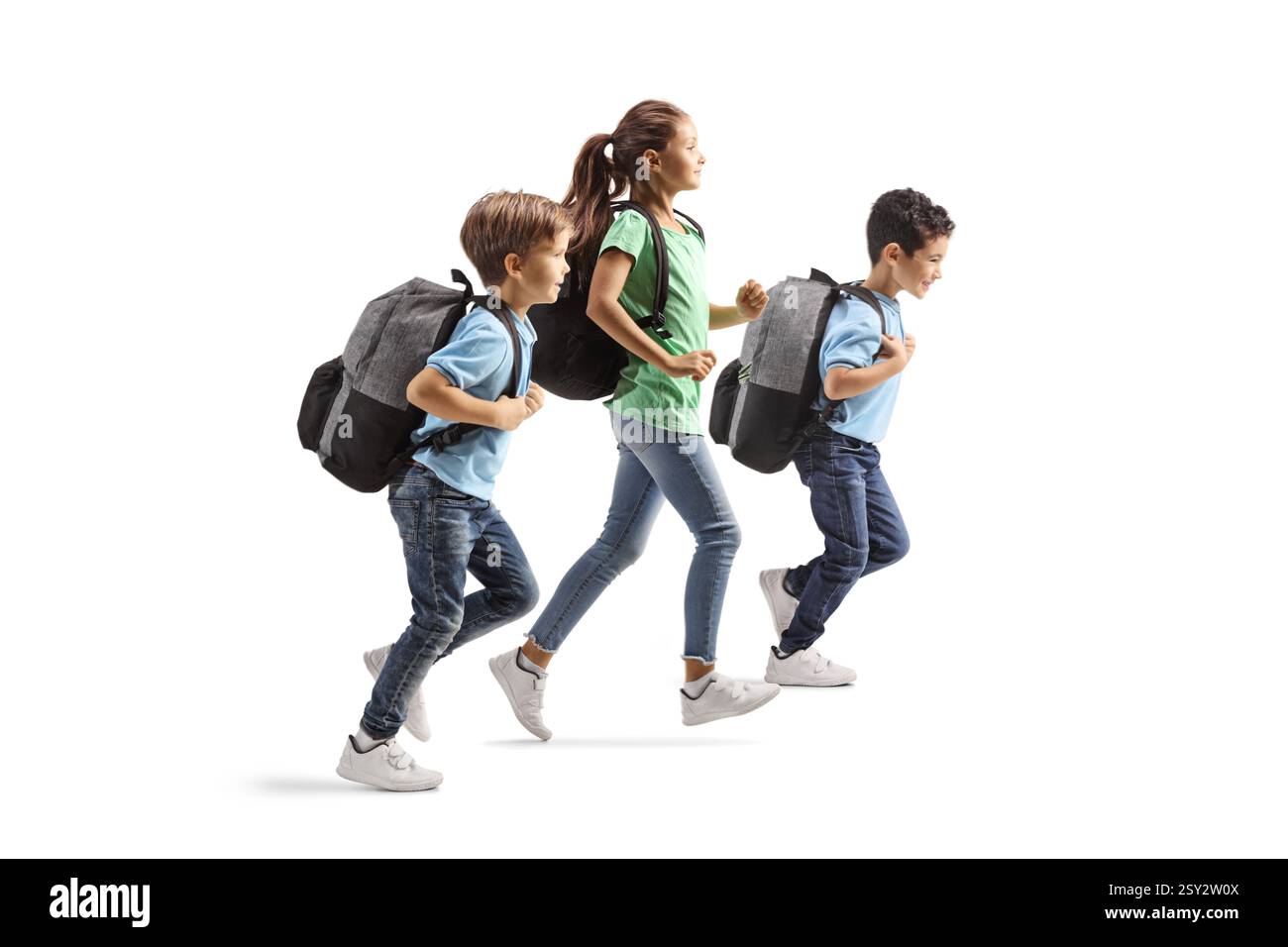 Two boys and a girl with a backpack running isolated on white ...