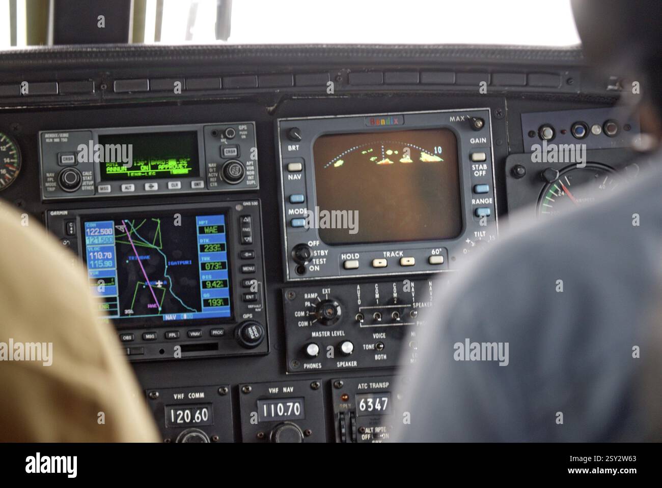 Pilots in cockpit of piper aircraft checking navigation, India, Asia ...