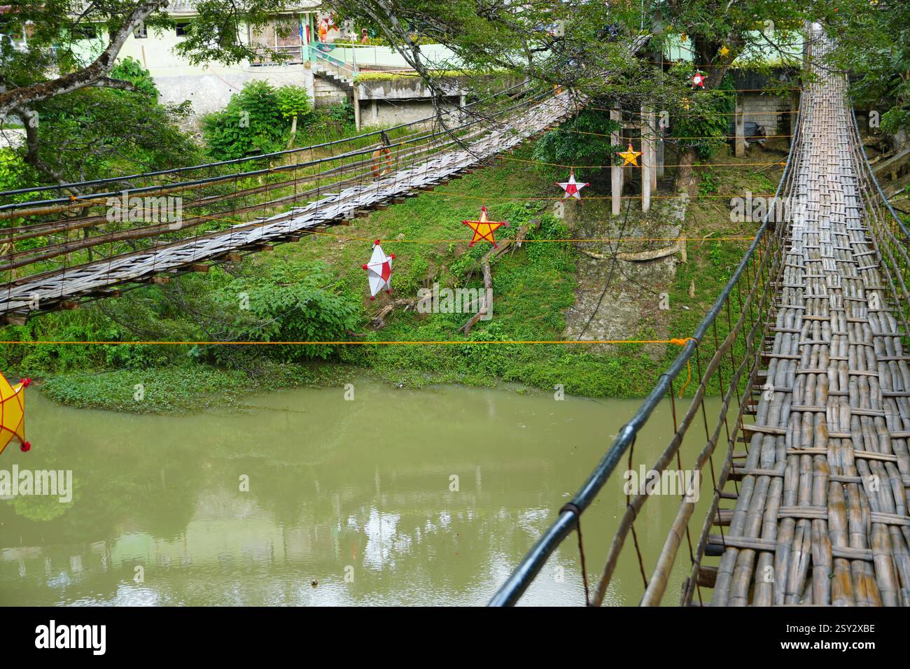 Bamboo suspension bridge over a river for pedestrians Bohol ...
