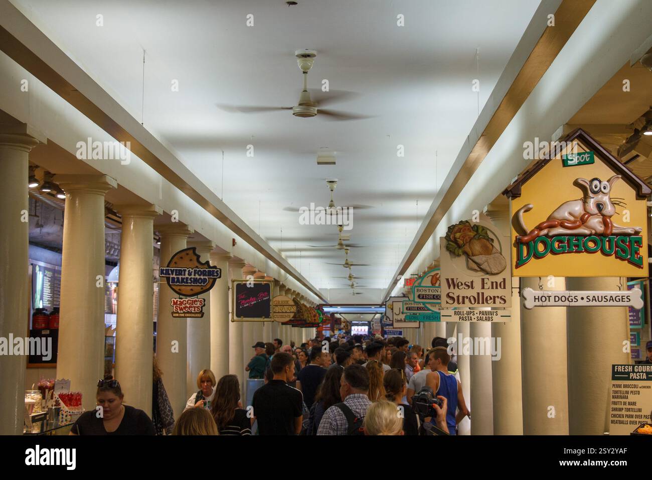 Inside the Quincy Market istorical building with its restaurants and ...