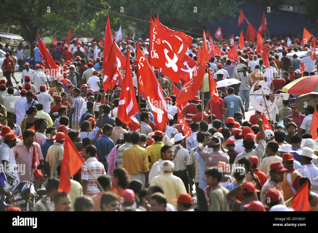 CPM-Electioneering arrangement with Party flags and workers assembled at a place in Kolkata ...