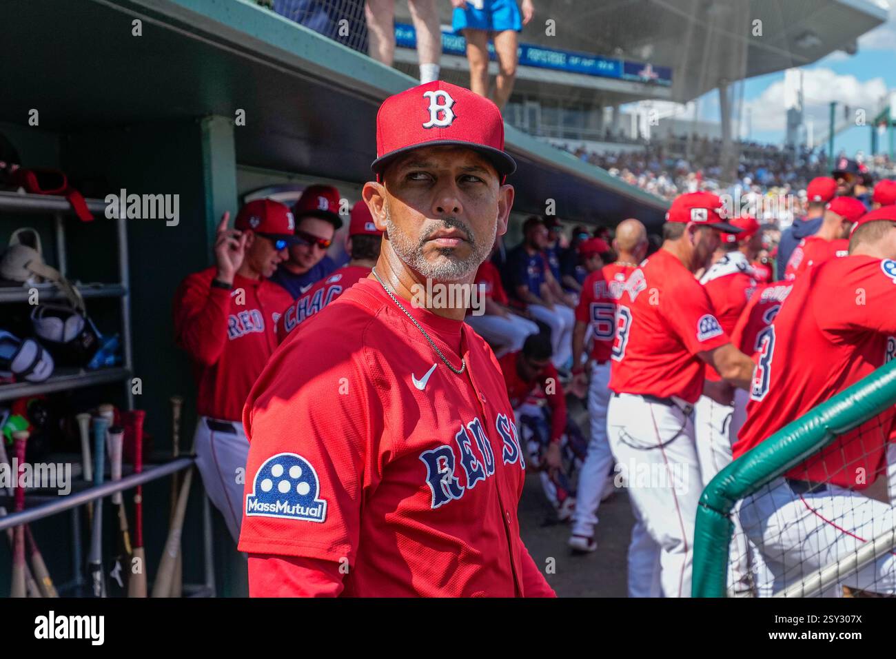 Boston Red Sox manager Alex Cora watches from the dugout in the second ...