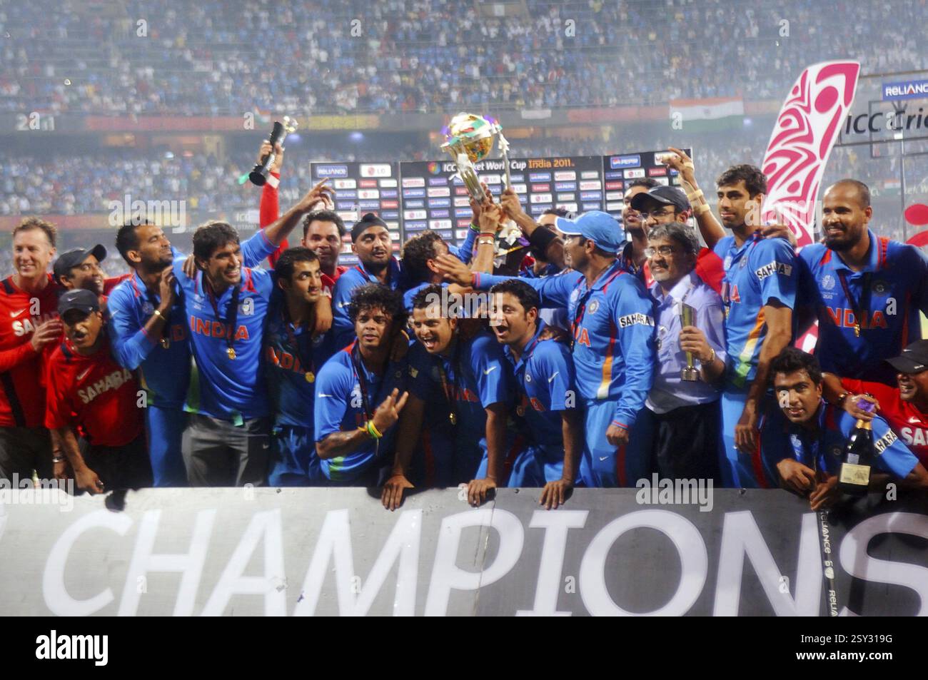 Cricketers celebrate trophy beating Sri Lanka ICC Cricket World Cup ...