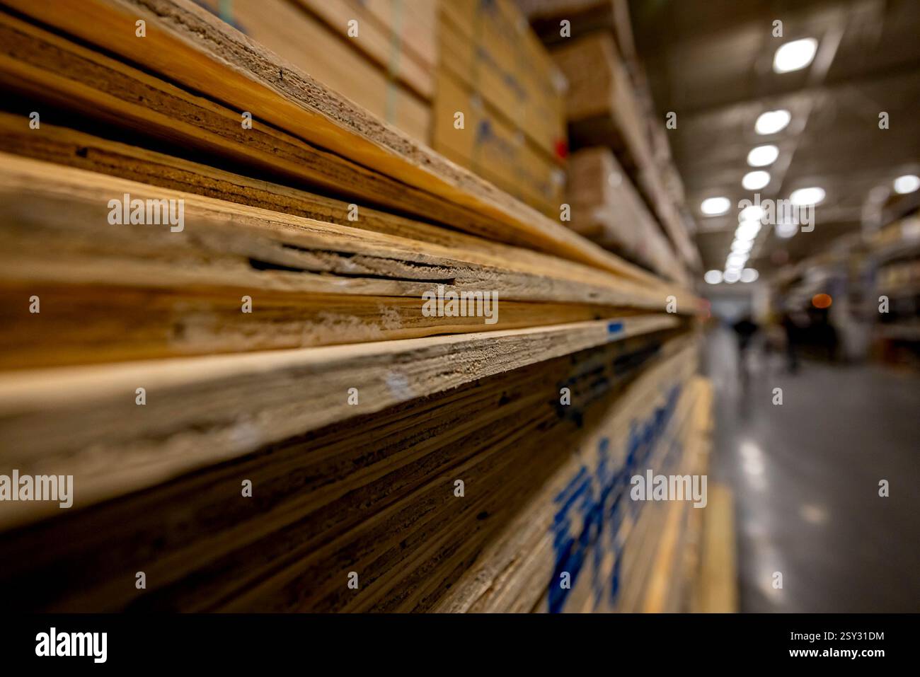 NEW YORK, NEW YORK - FEBRUARY 13: A stack of lumber is seen on the ...