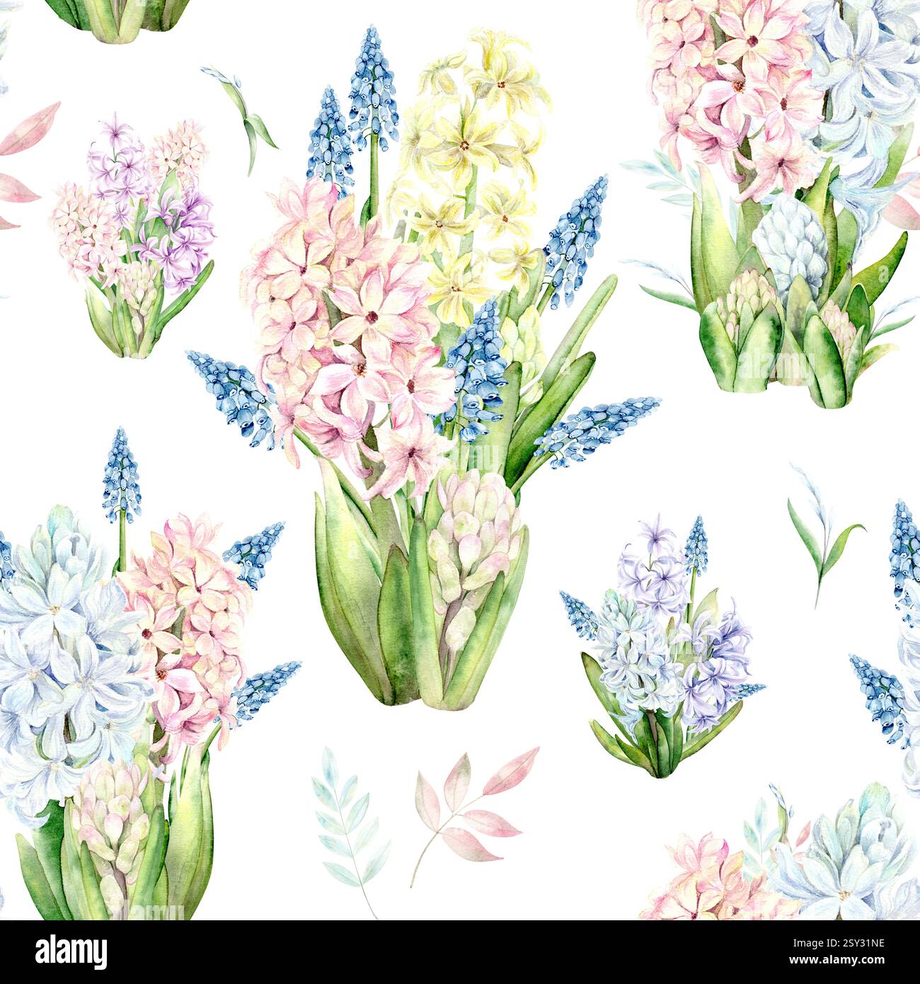A seamless pattern of spring flowers. Hyacinths in shades of pink, blue ...
