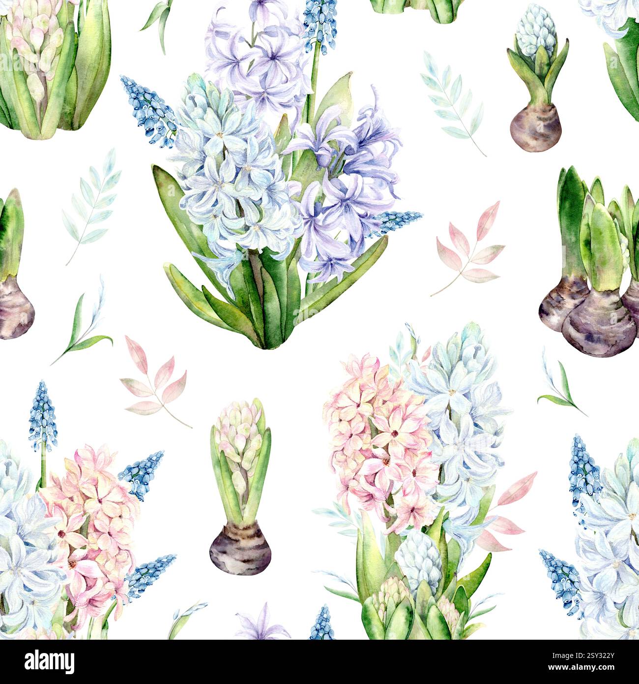 A seamless pattern of spring flowers. Hyacinths in shades of pink, blue ...