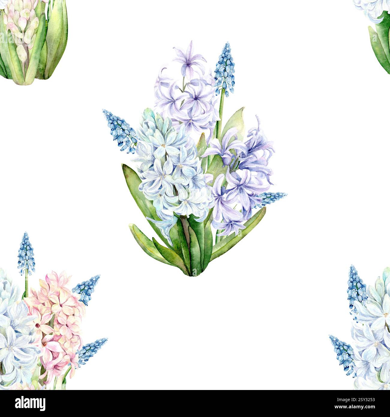 A seamless pattern of spring flowers. Hyacinths in shades of pink, blue ...
