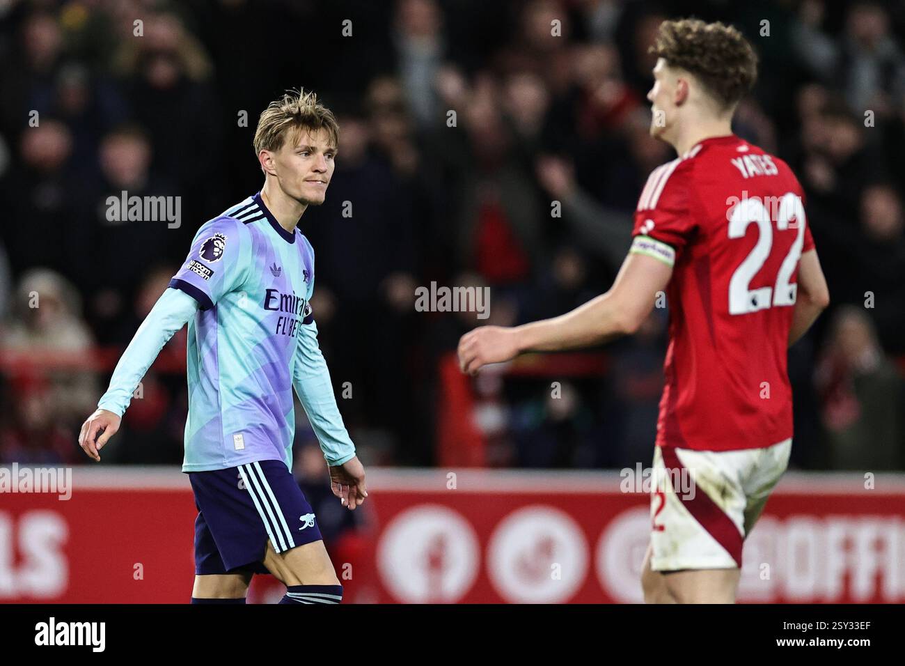 Nottingham, UK. 26th Feb, 2025. Martin ¯degaard of Arsenal reacts ...
