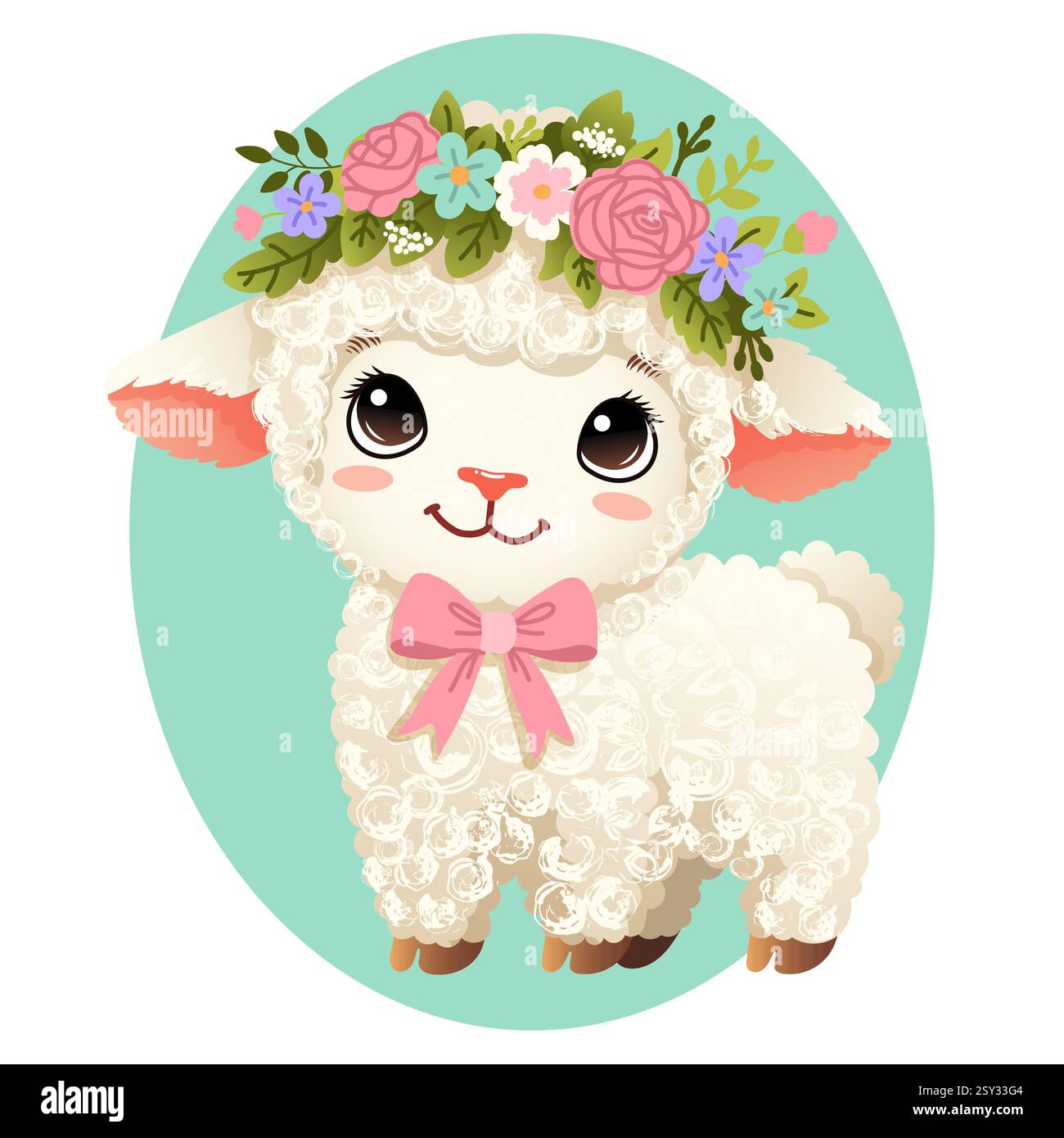 Adorable Easter lamb vector illustration with a floral wreath, pink bow ...