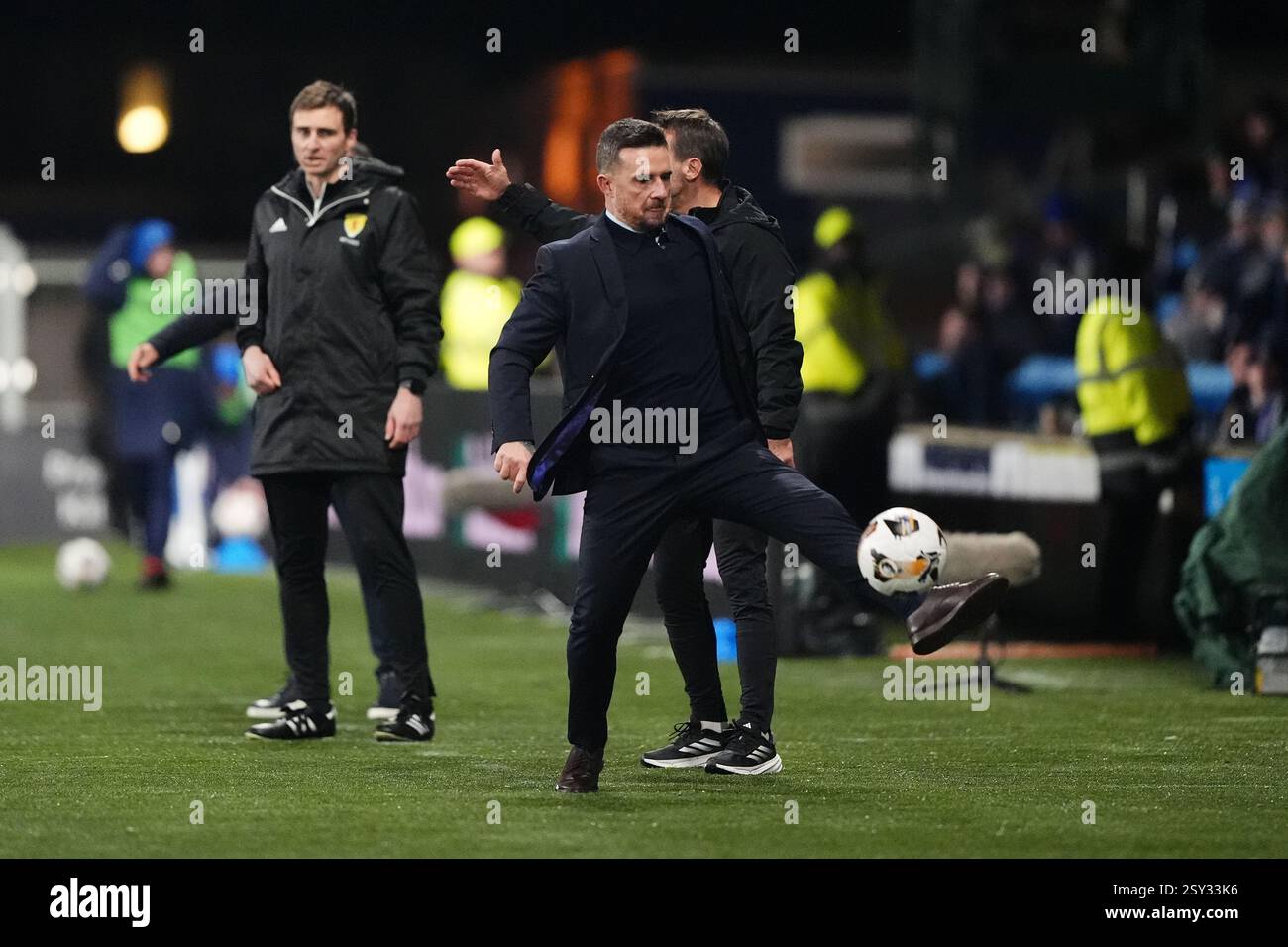 Rangers interim head coach Barry Ferguson kicks the ball on the ...