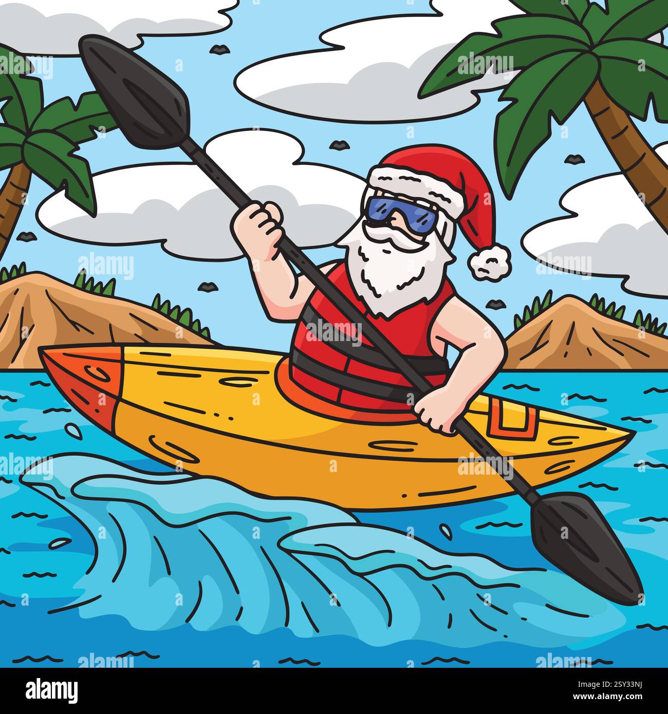 Christmas in July Santa Kayaking Colored Cartoon Stock Vector Image ...
