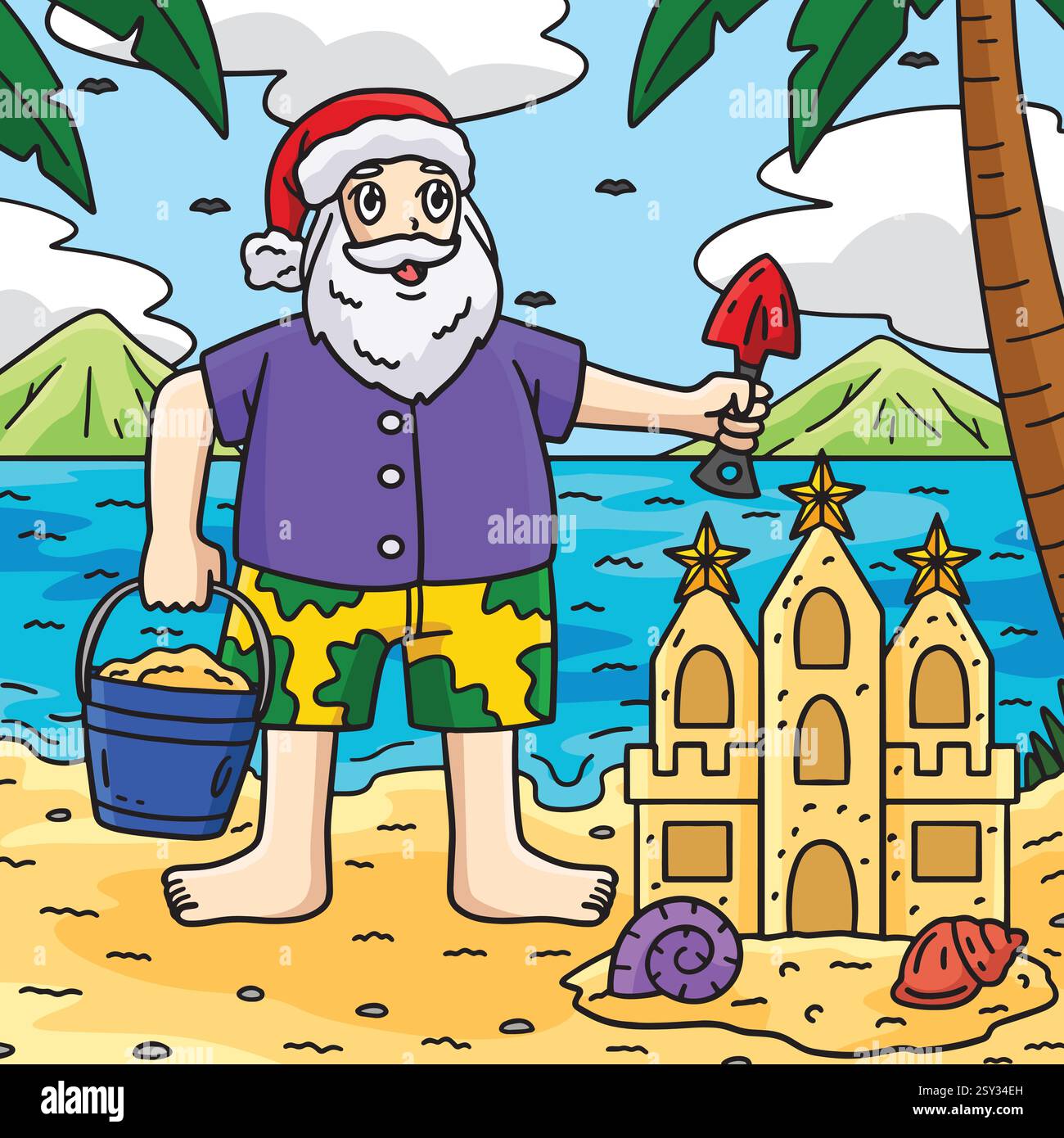 Christmas in July Santa and Sand Castle Colored Stock Vector Image ...