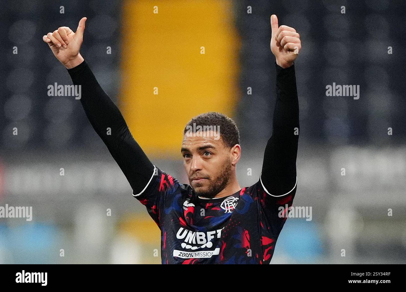 Rangers' Cyriel Dessers celebrates after the William Hill Premiership ...
