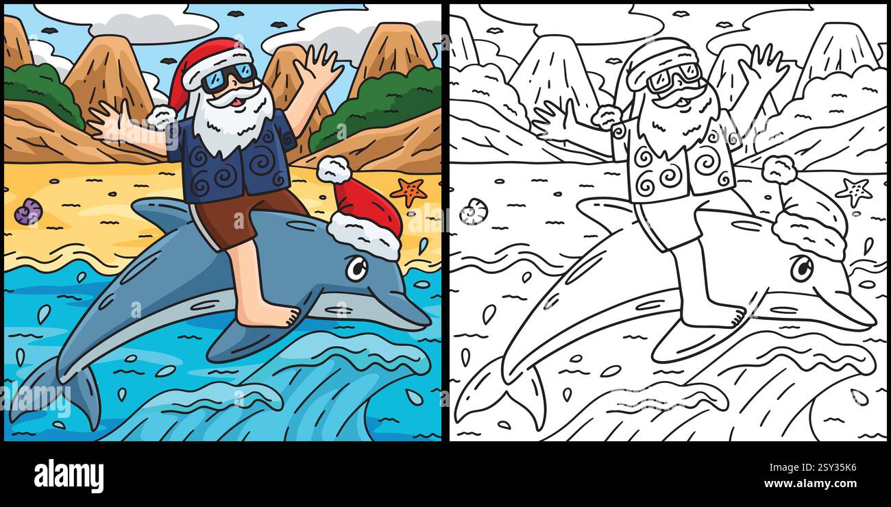 Christmas in July Santa with Dolphin Illustration Stock Vector Image ...