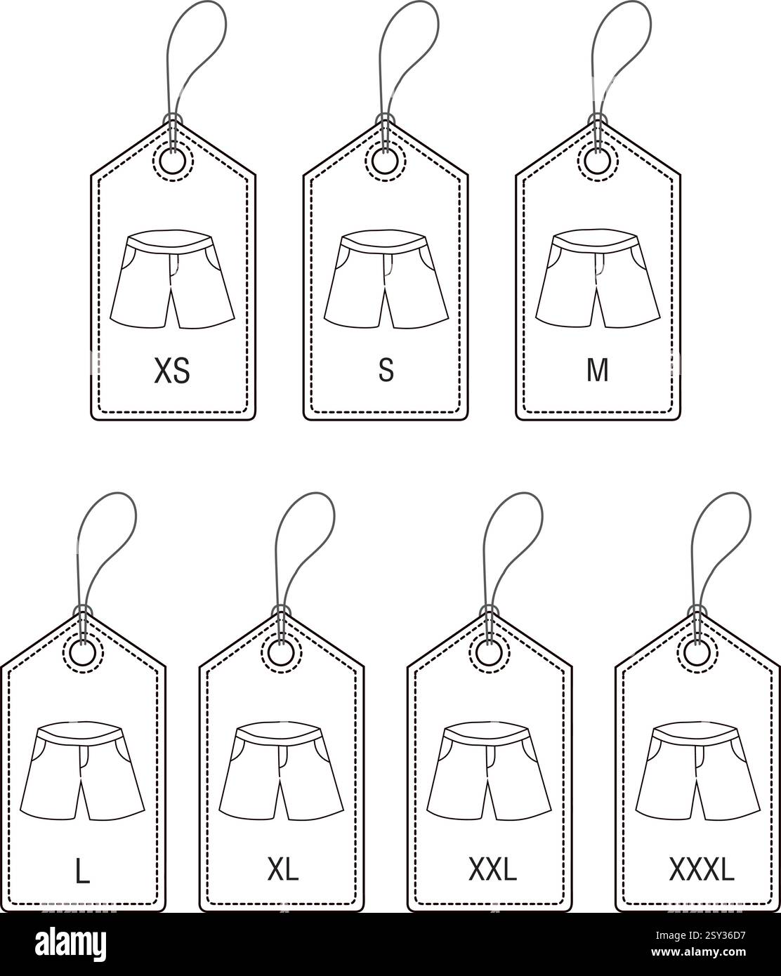 Black and white short pants sizes labels isolated on a white background ...