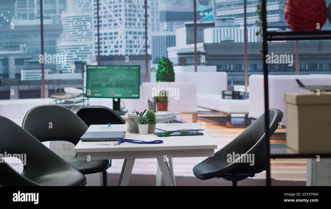 Empty modern office workspace designed for job interviews to achieve ...