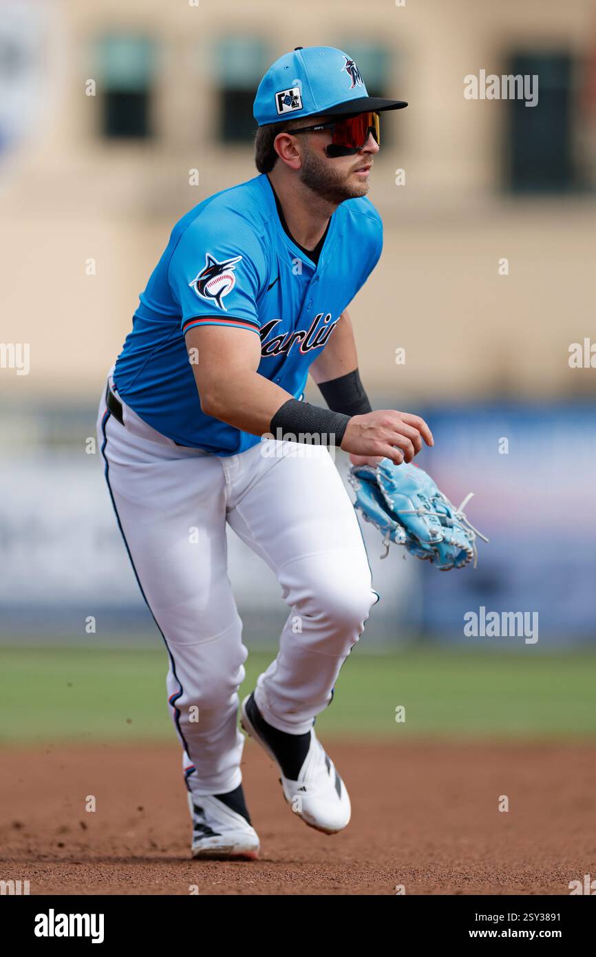 JUPITER, FL - FEBRUARY 26: Miami Marlins third baseman Connor Norby (1 ...