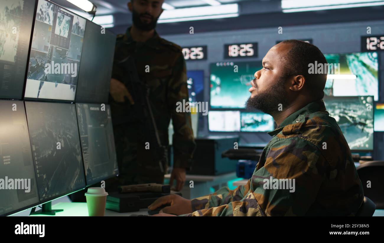 Soldier doing tasks in military base, using radar, intercepting and destroying ballistic rockets ...