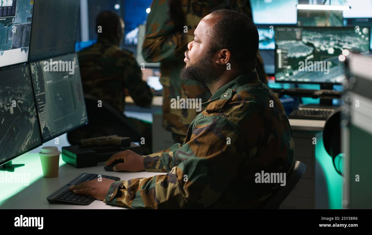Soldier doing tasks in military base, using radar, intercepting and destroying ballistic rockets ...