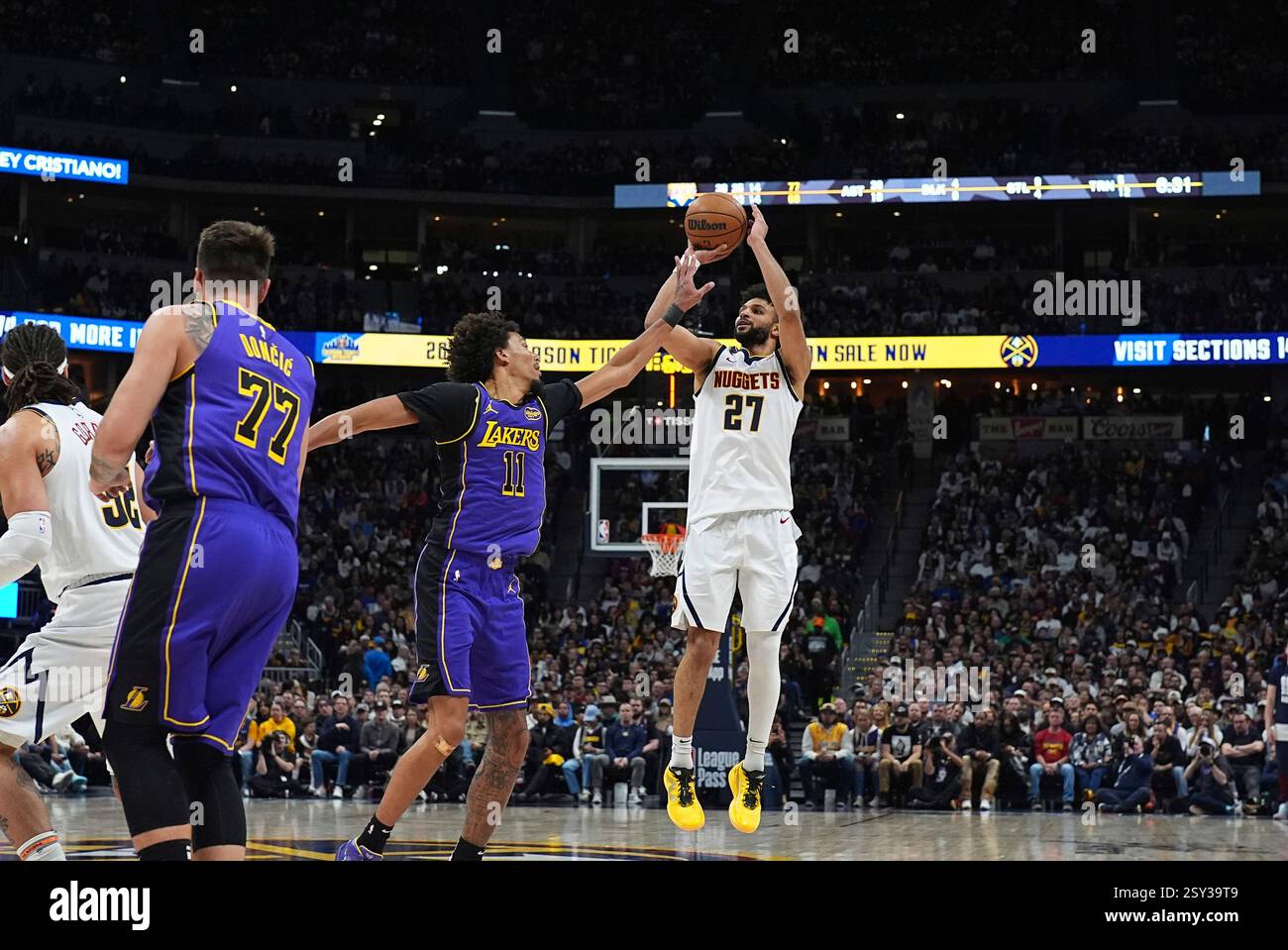 Denver Nuggets guard Jamal Murray (27) shoots over Los Angeles Lakers ...