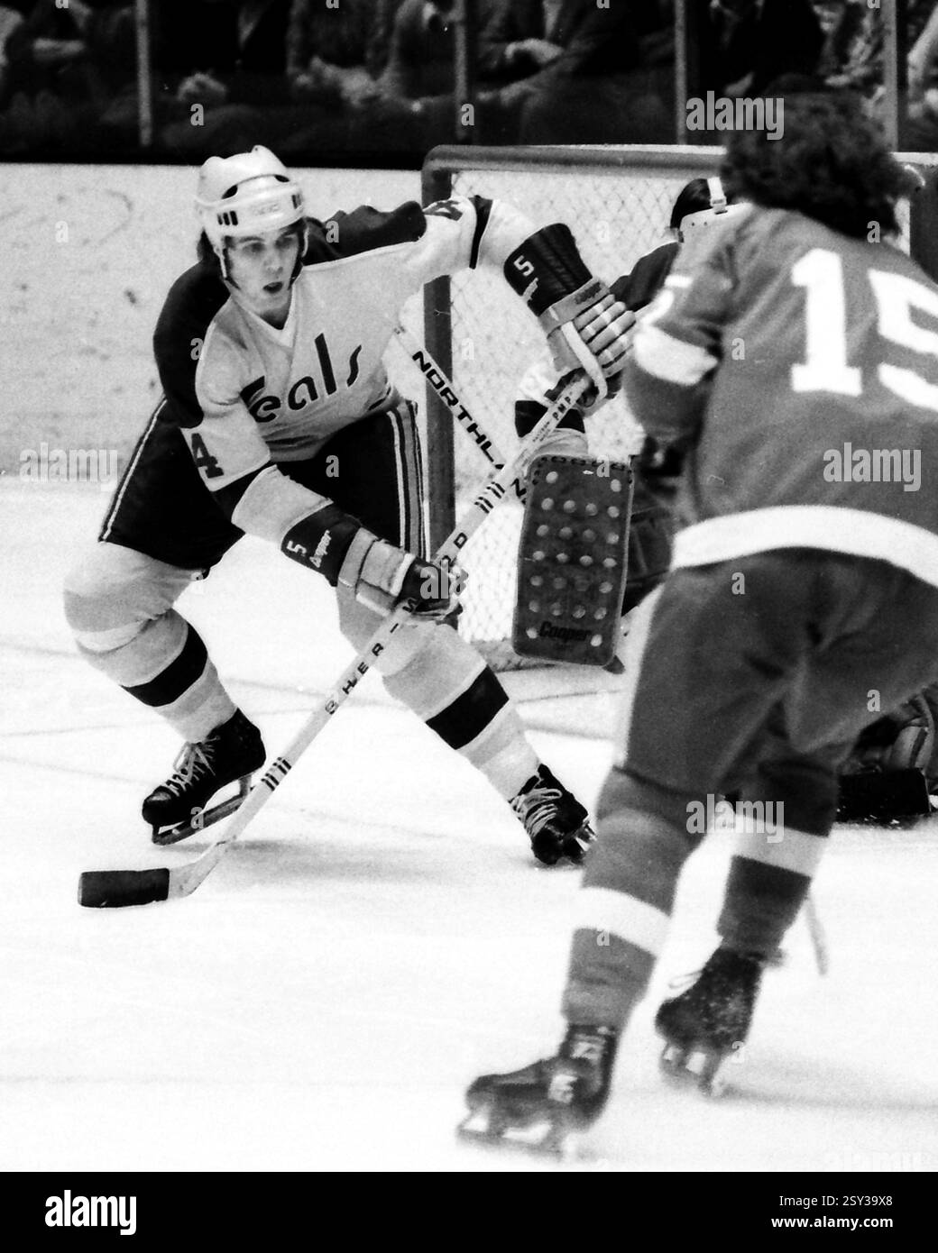 California Golden Seals Paul Shakes (4) defending against Detroit ...