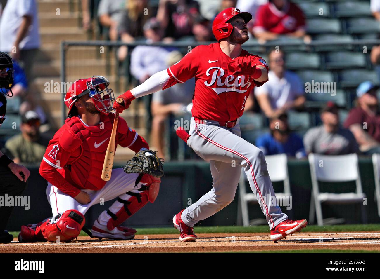 Cincinnati Reds' Gavin Lux hits against the Los Angeles Angels during a ...