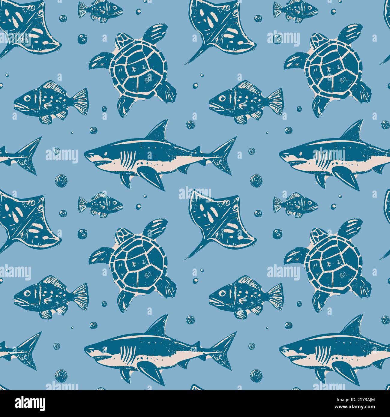 Vintage Sharks, Turtles, and Stingrays on Blue Ocean Pattern. Hand ...