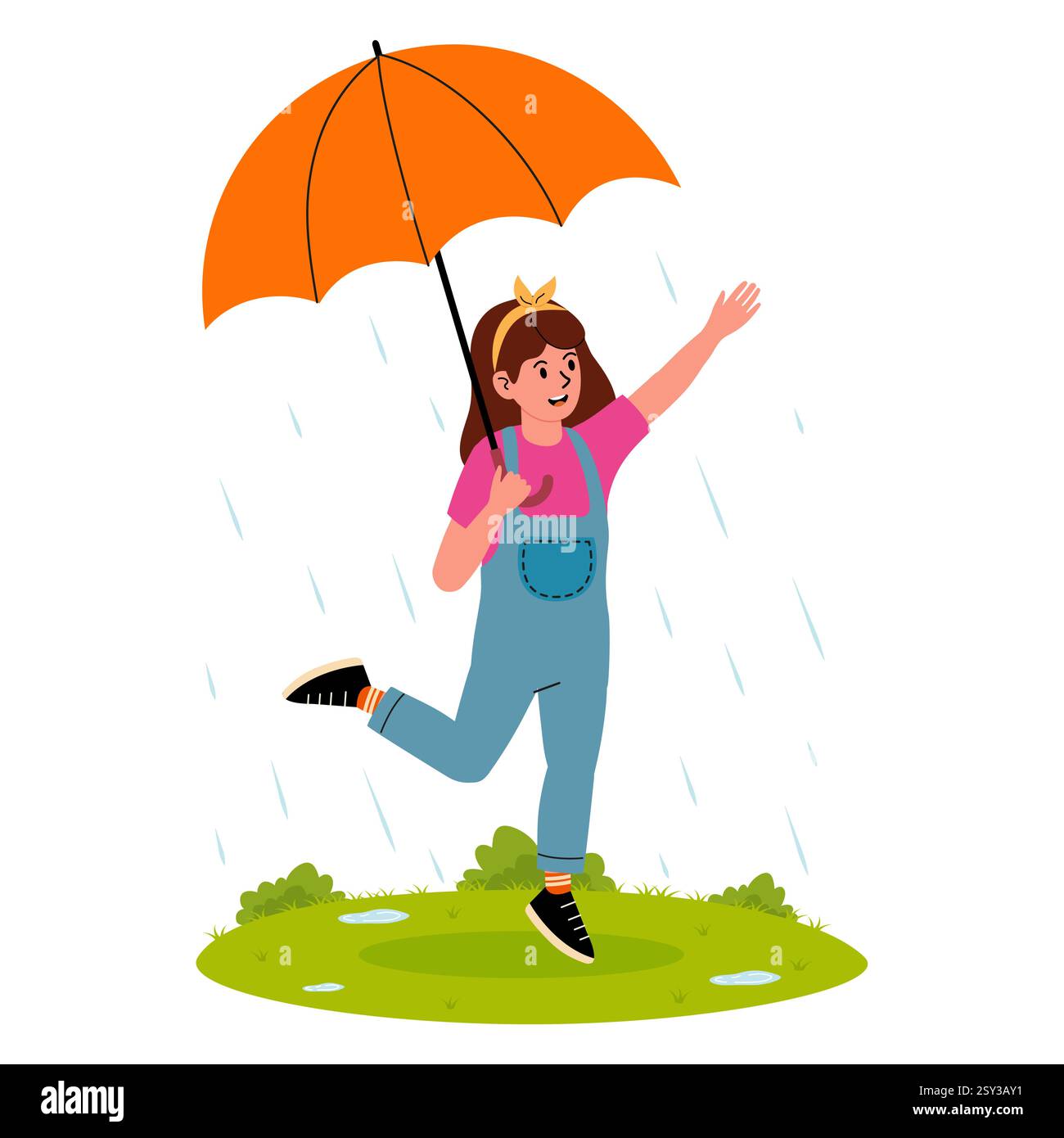 Girl enjoying rain while holding orange umbrella and playfully dancing ...