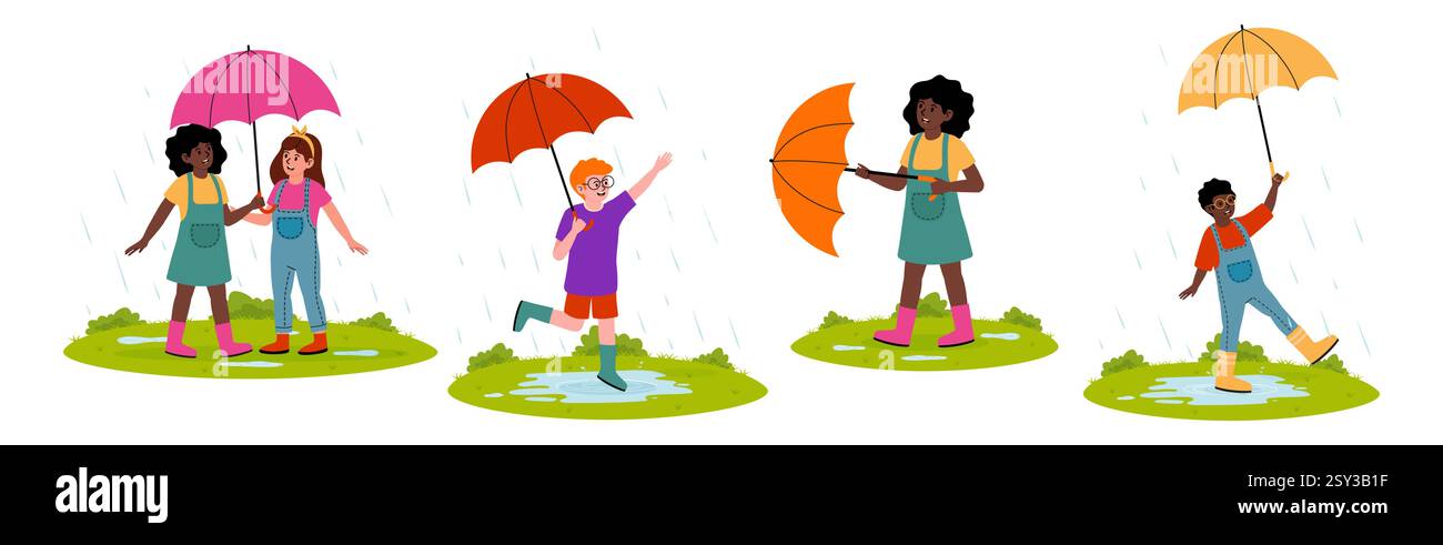 Children enjoying rainy day activities with umbrellas in a cheerful ...