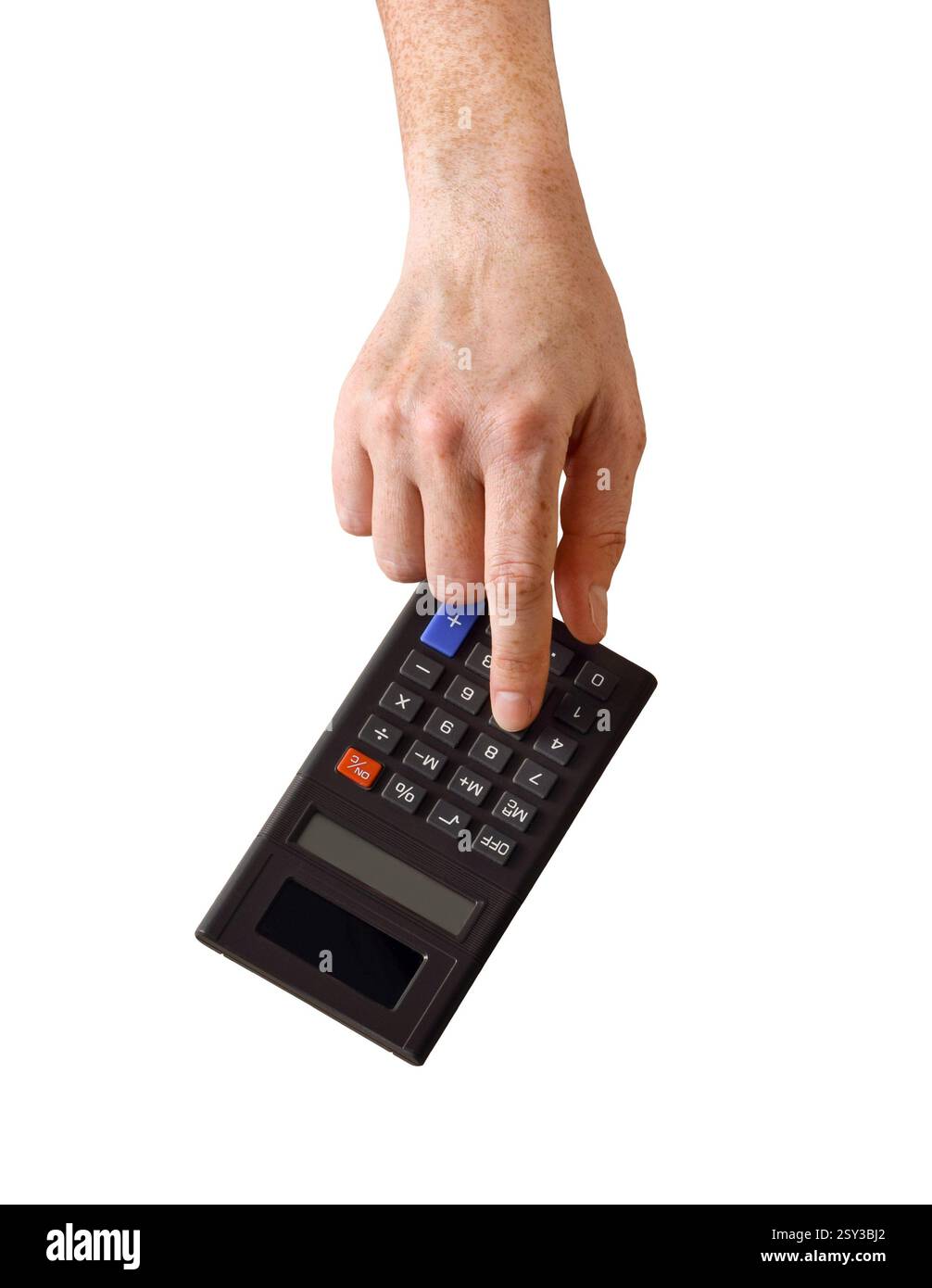 Person's hand using calculator isolated cutout on white background ...