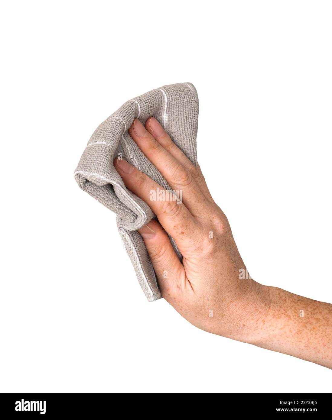 Female hand holding grey microfiber cloth isolated cutout on white ...
