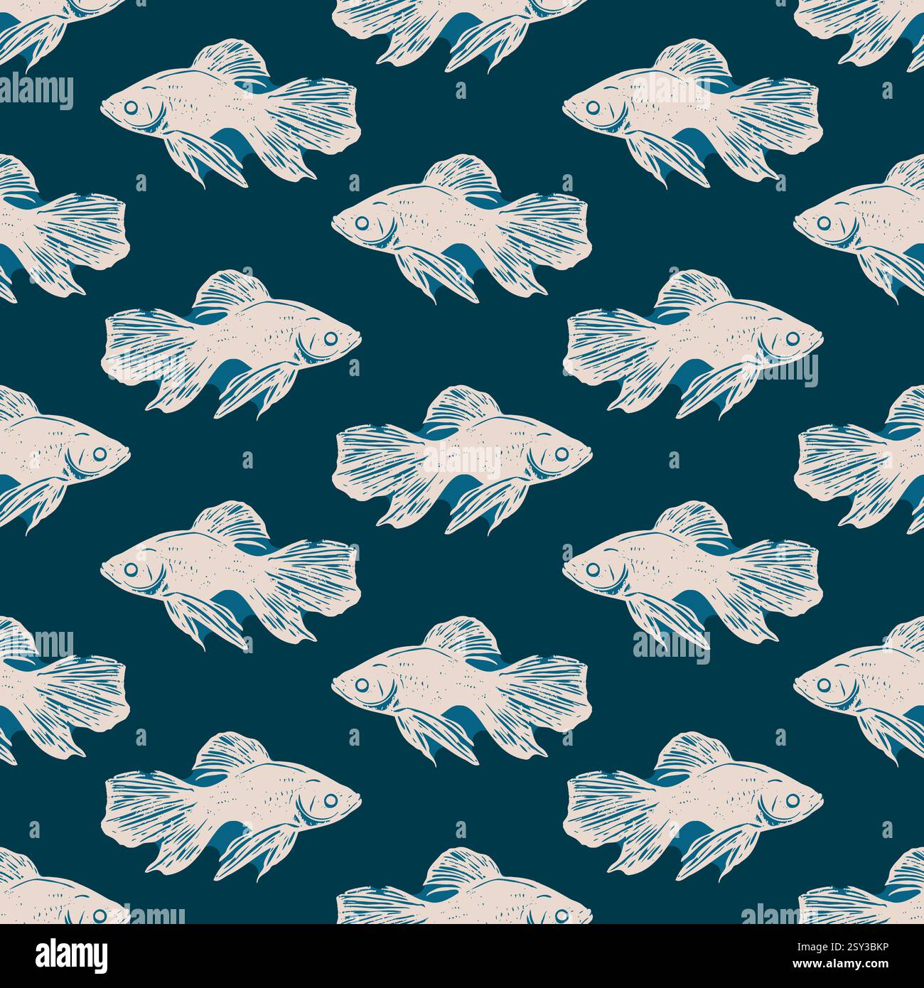 Vintage White Betta Fish on Deep Blue Ocean Pattern. Hand-drawn white ...