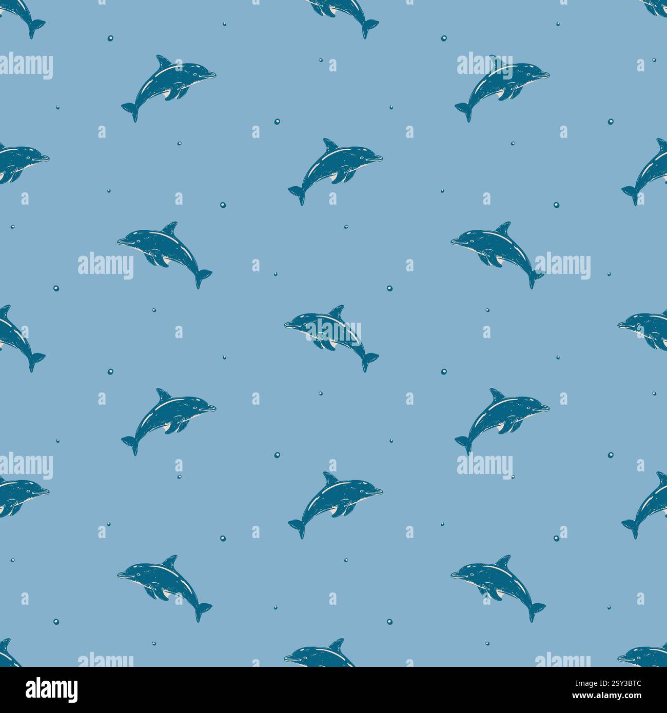 Vintage Blue Dolphins on Light Blue Ocean Pattern. Hand-drawn dolphins ...