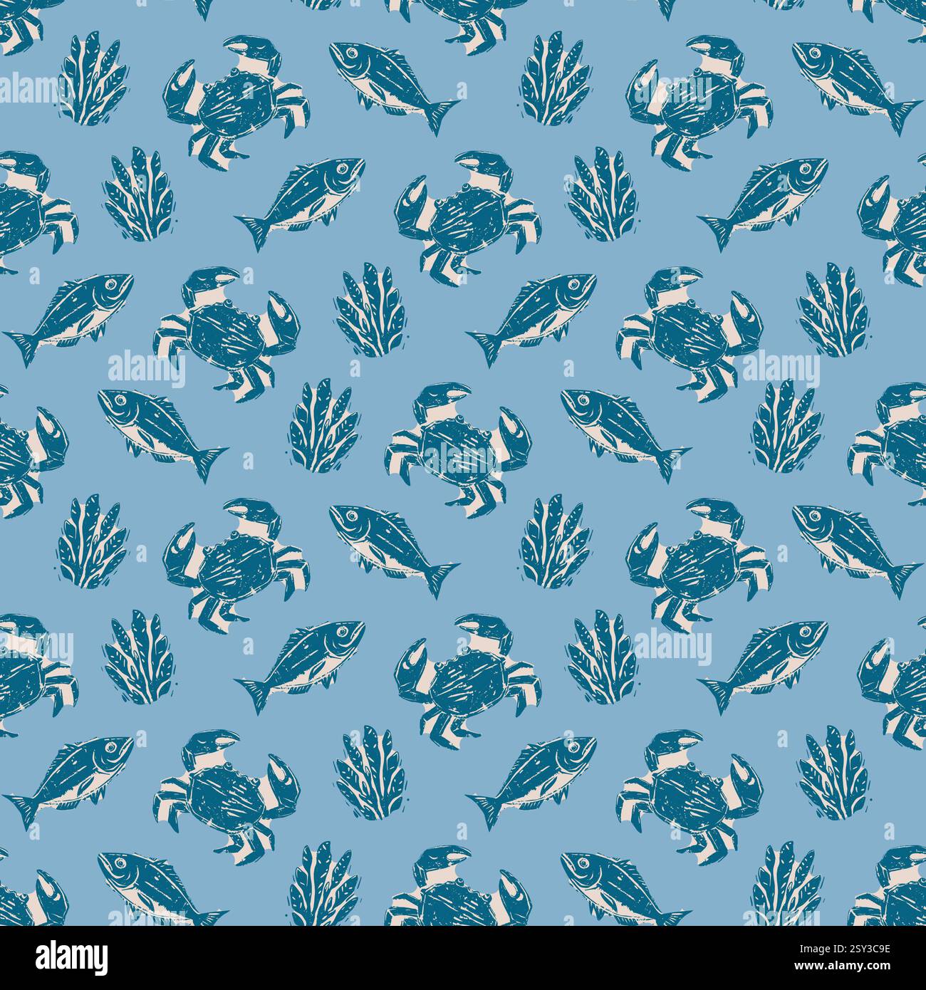 Vintage Blue Crabs, Fish, and Seaweed on Blue Pattern. Hand-drawn blue ...