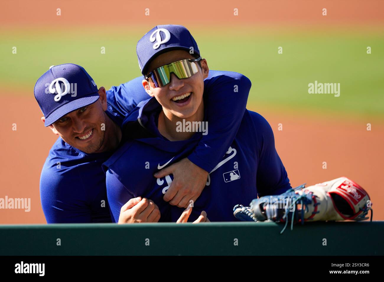 Los Angeles Dodgers catcher Austin Barnes, left, laughs with second ...