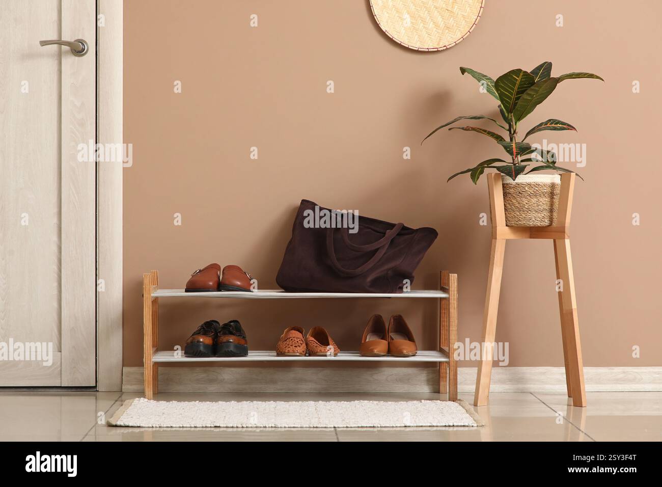 Stool with houseplant and stand for shoes near brown wall in interior ...