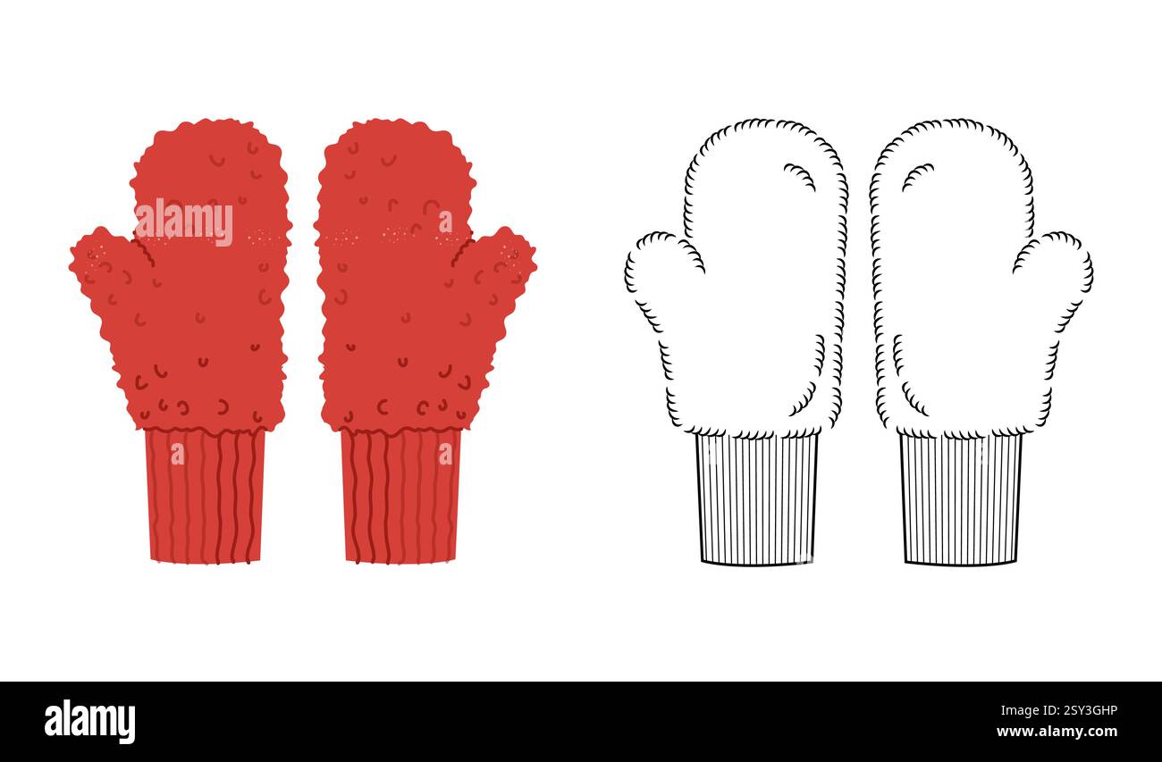 Pile Mitten Gloves One-Fingered knitted cuff red cartoon and flat ...
