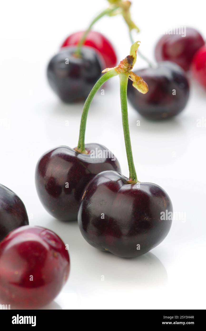 Vibrant cherries are displayed against a clean white background. The ...