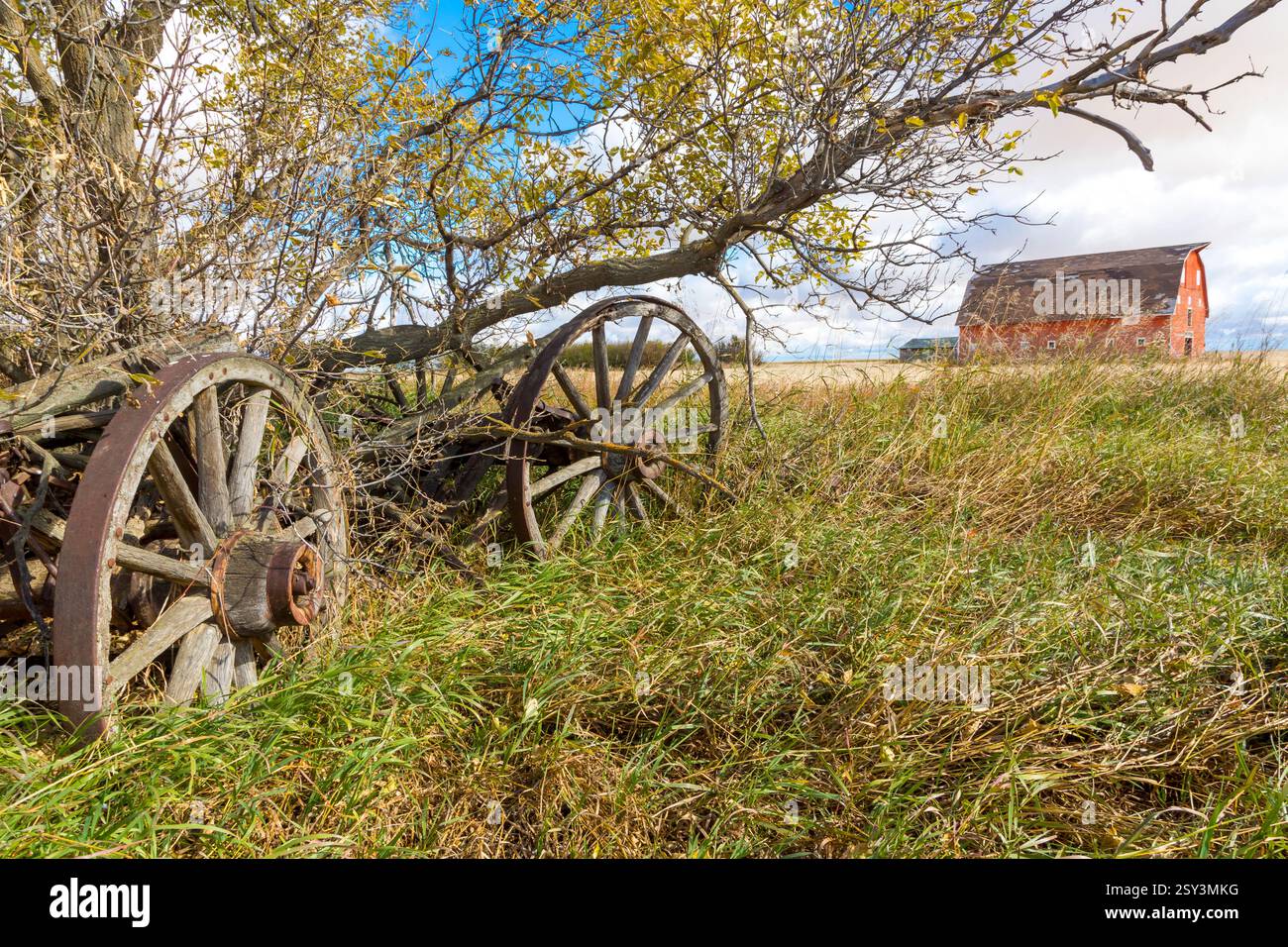 Barn with a red roof and a large wheel. The wheel is rusty and has a ...