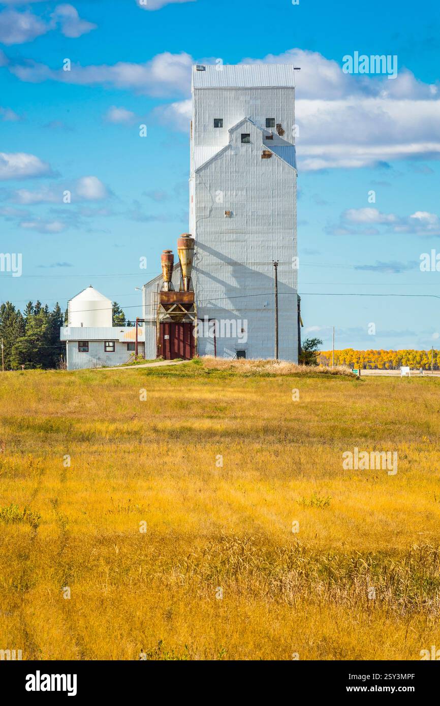 Large grain silo is in the middle of a field. The silo is surrounded by ...