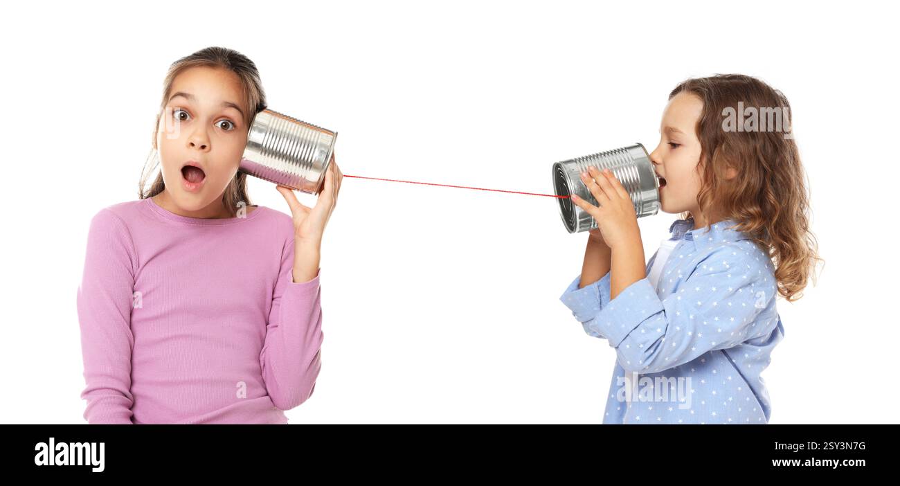 Girls using tin can telephone on white background. Banner design Stock ...