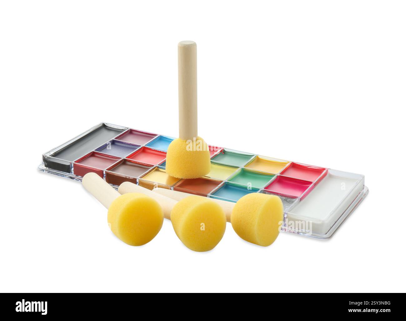 Bright face paint palette and sponges isolated on white Stock Photo - Alamy