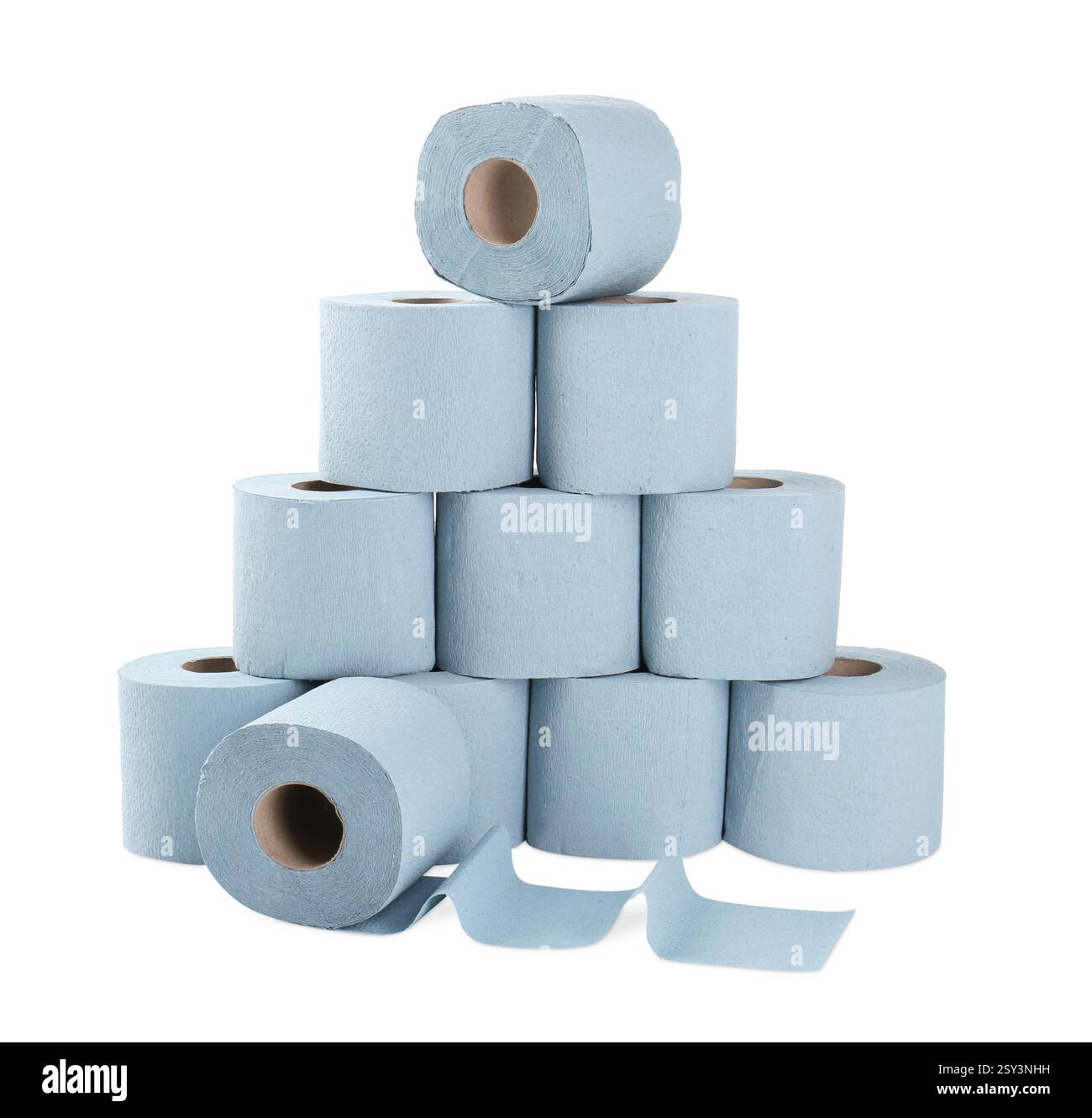 Stacked light blue toilet paper rolls isolated on white Stock Photo - Alamy