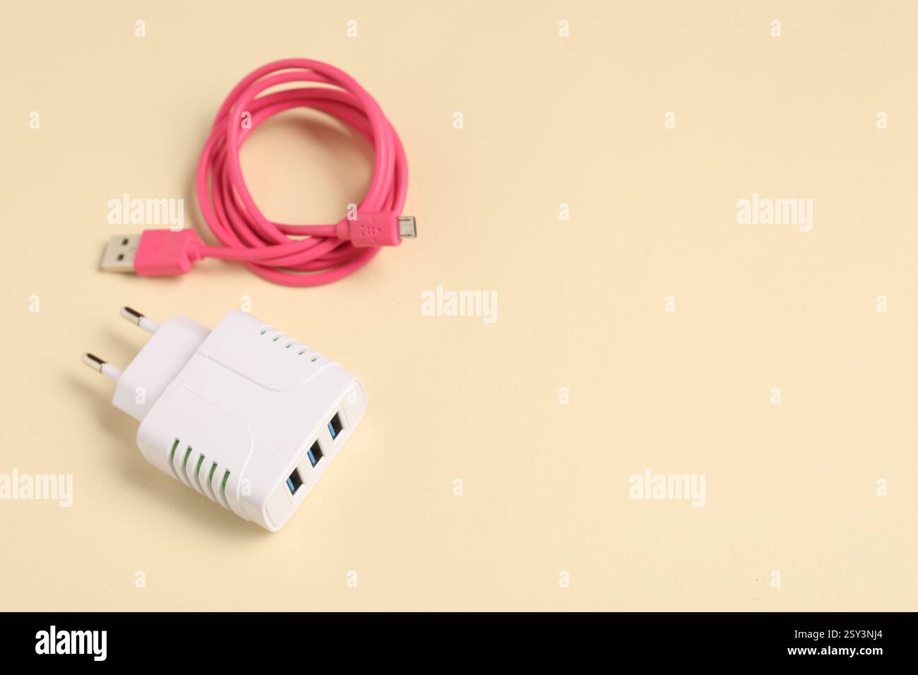 USB power adapter and charge cable on beige background, above view ...