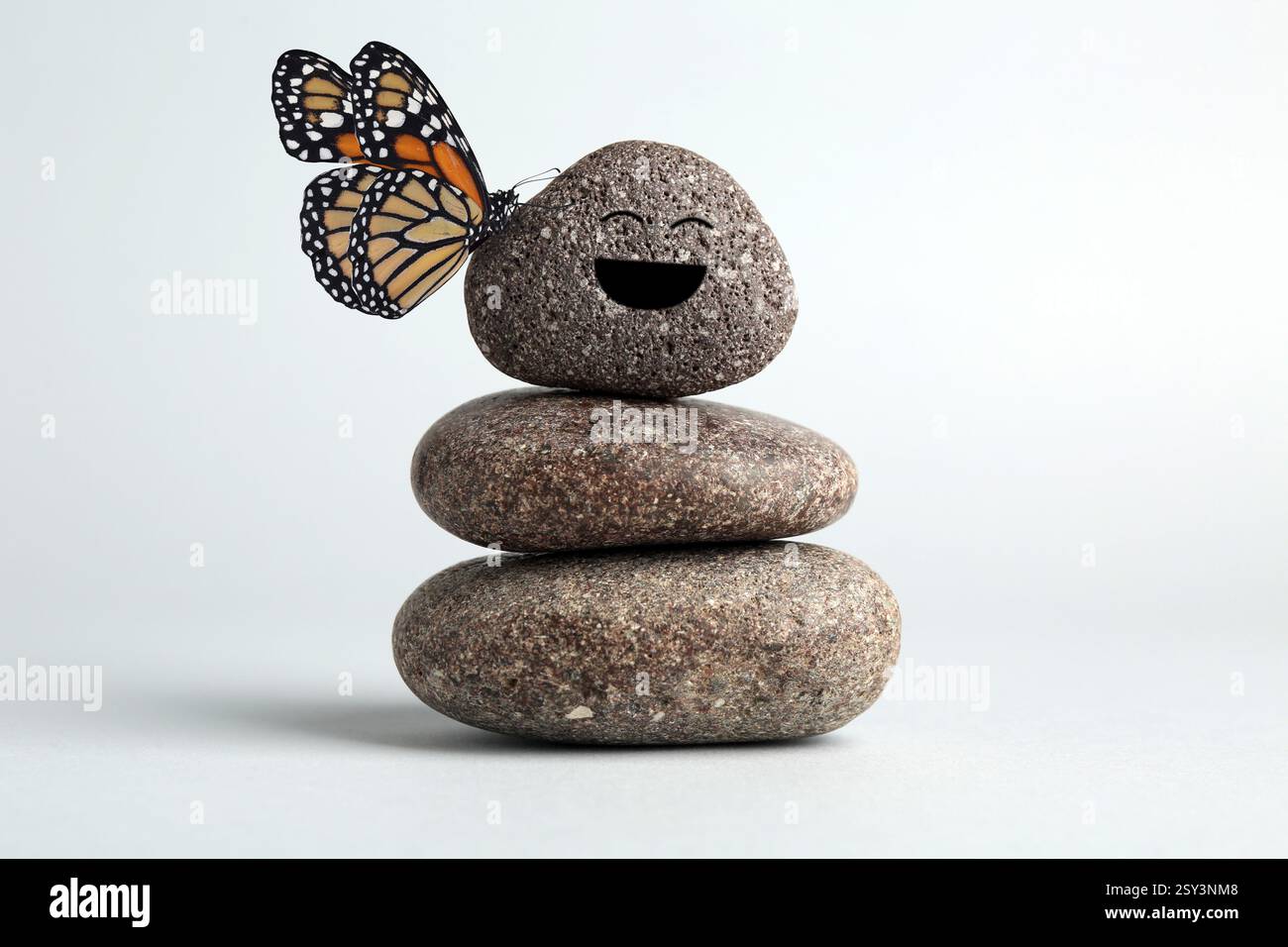 Butterfly on stone with smiling face, stack of pebbles on white ...