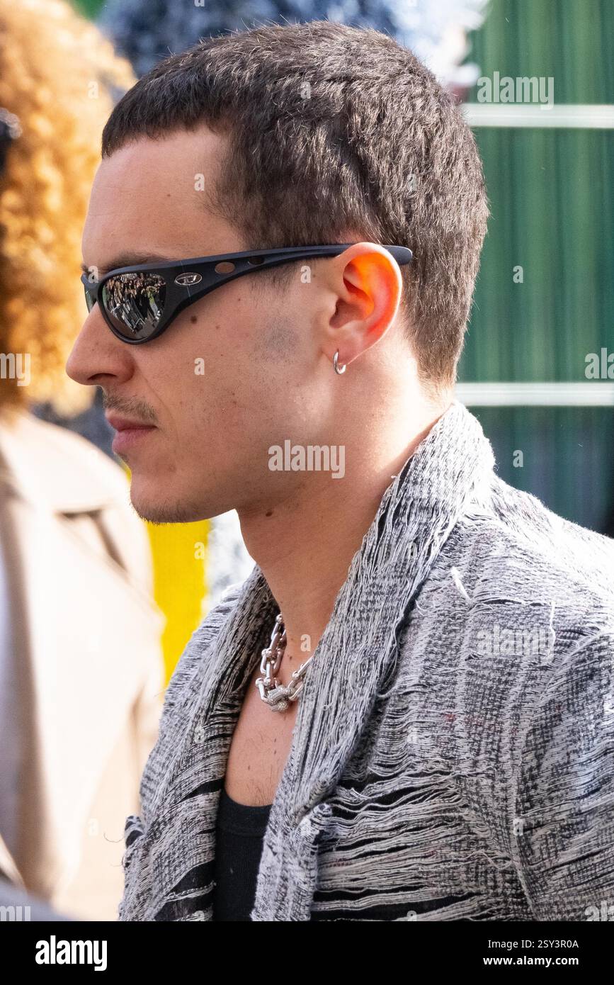 Aron Piper is seen arriving at the Diesel fashion show during the Milan ...