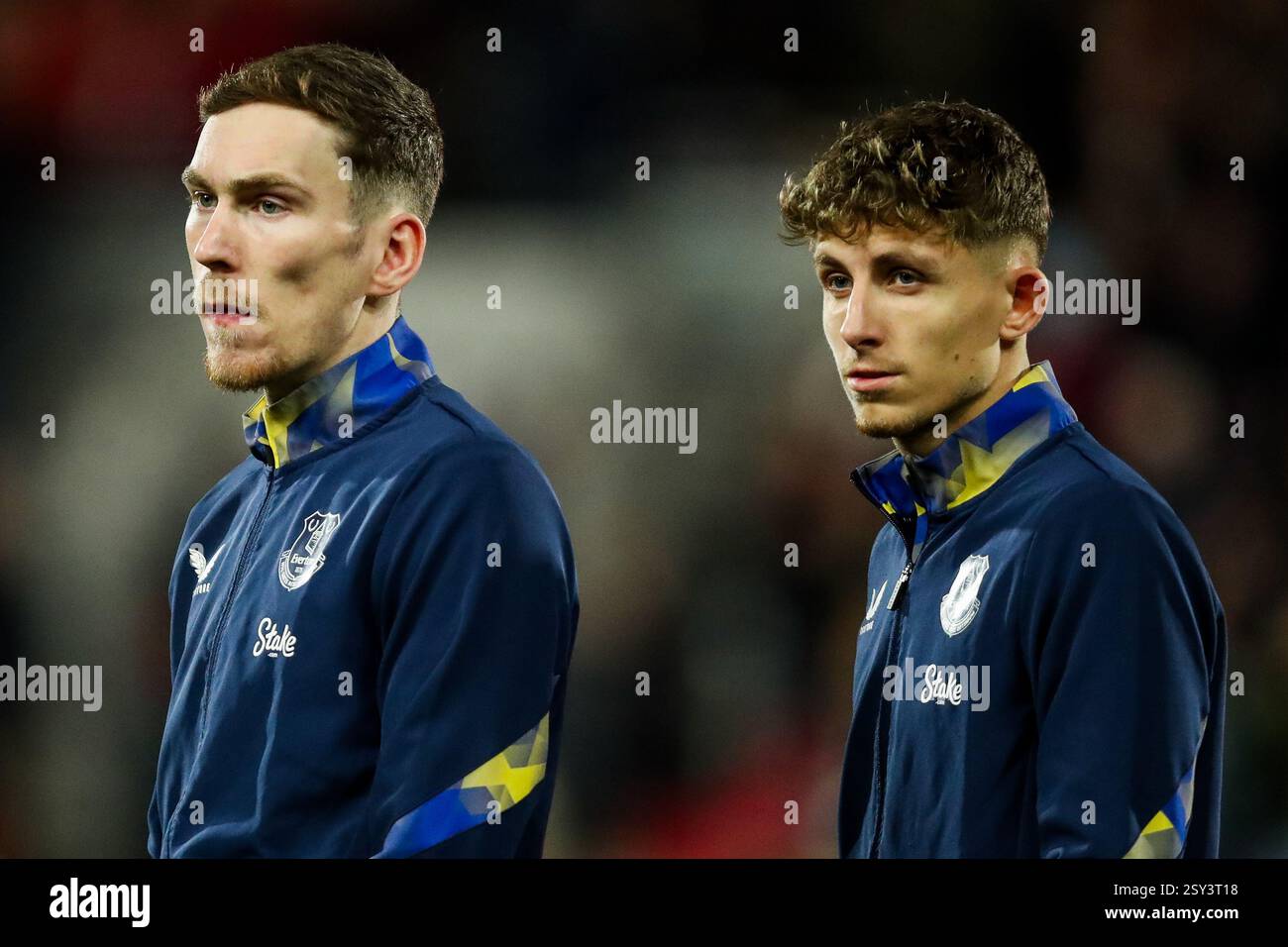James Garner and Jesper Lindstrom of Everton line up prior to the ...