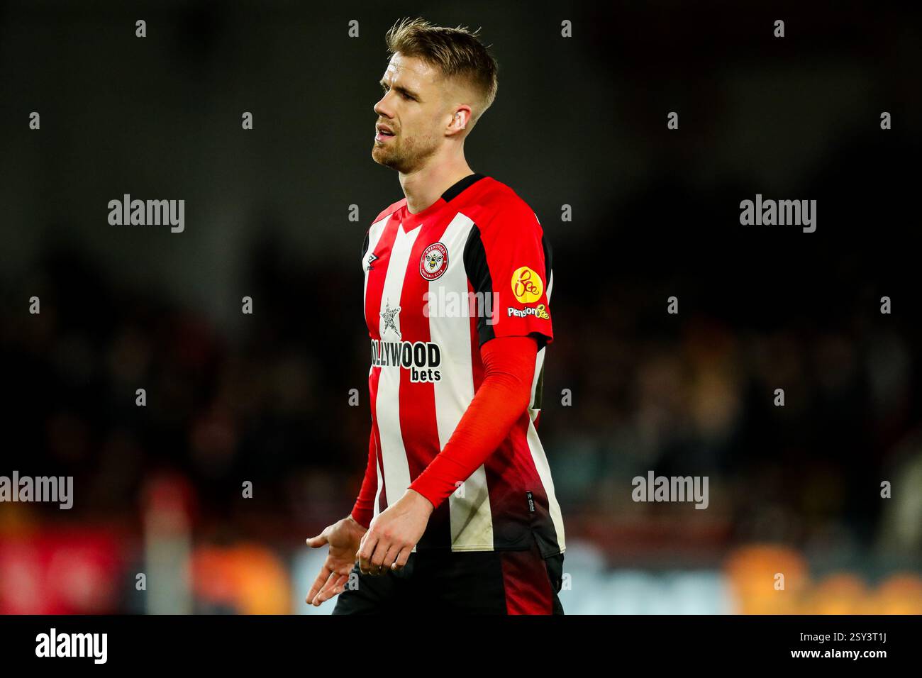 Kristoffer Ajer of Brentford reacts during the Premier League match ...